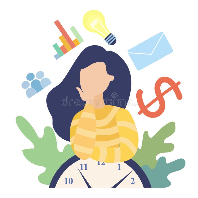 Young Female Standing Near Clock and Thinking about Work Stock Vector ...