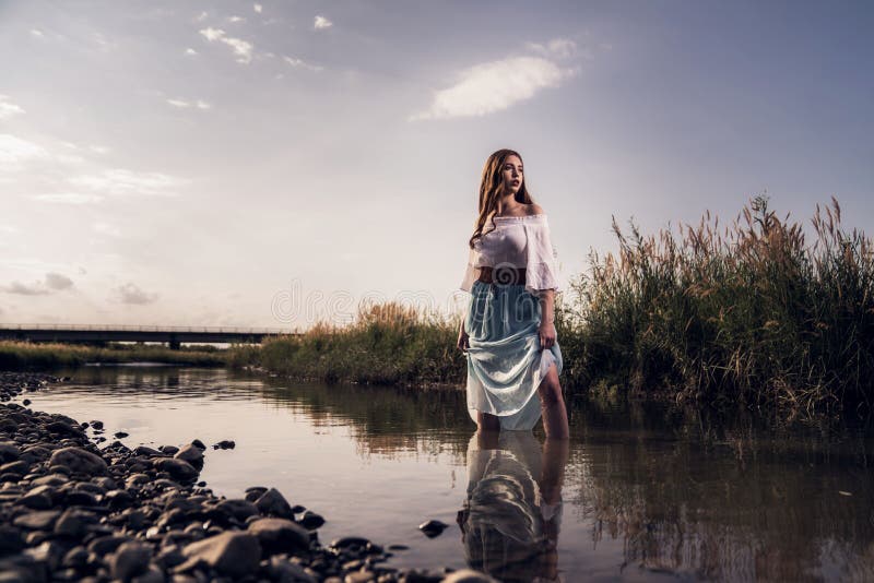 Young Female Standing in River Stock Image - Image of attractive, woman ...