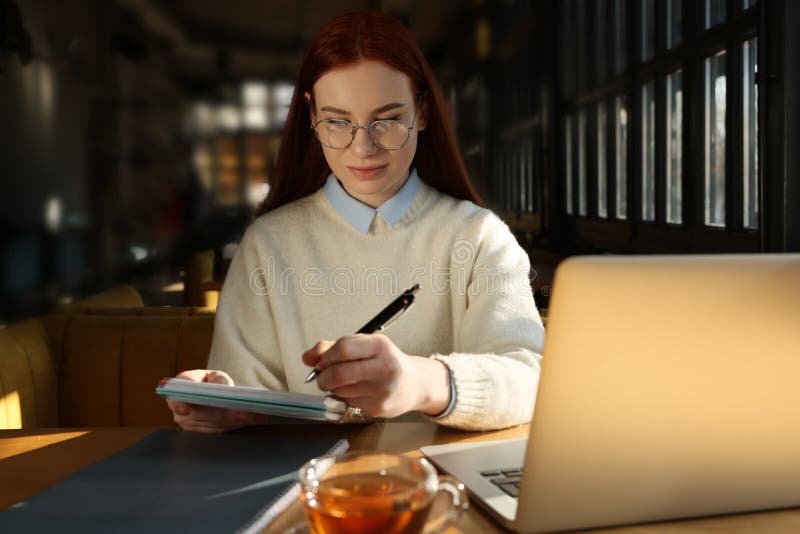 Young Female Student with Laptop Studying at Table in Cafe Stock Image ...