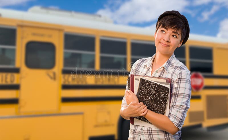 Young Female Student Near School Bus Stock Photo - Image of mixed ...