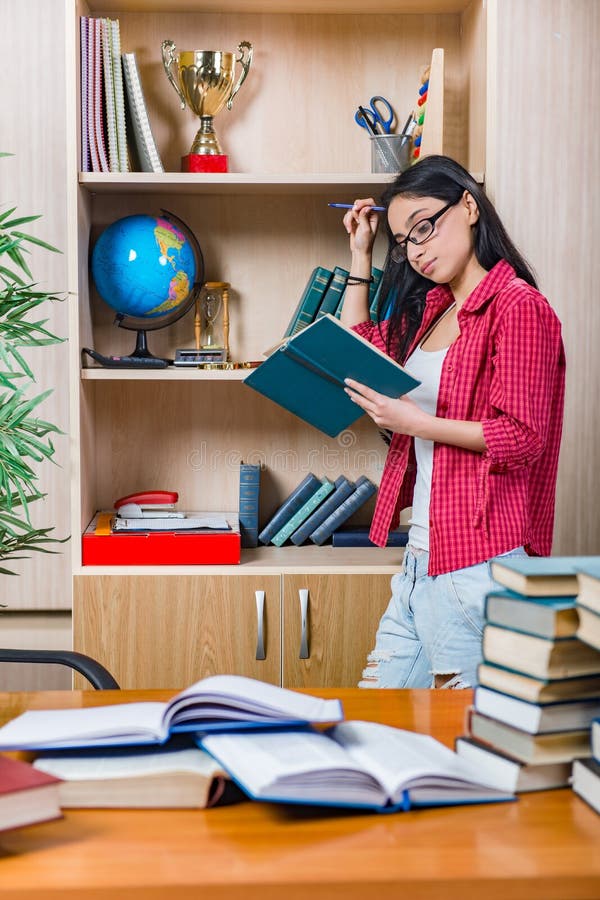 The Young Female Student Preparing for College School Exams Stock Image ...
