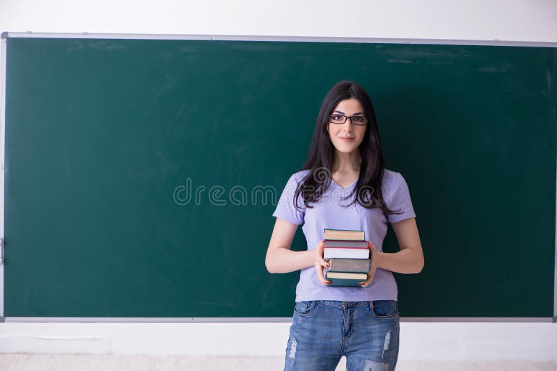 The Young Female Teacher Student in Front of Green Board Stock Image ...
