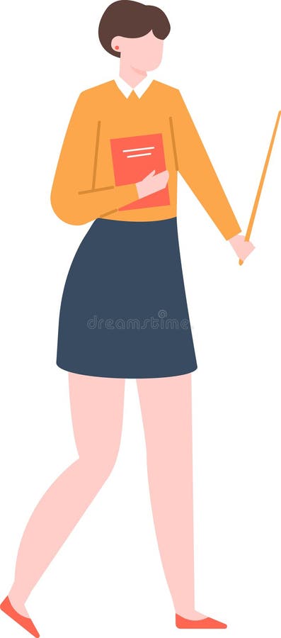 Young Female Teacher Walking with a Book in One Hand and a Pointer in ...