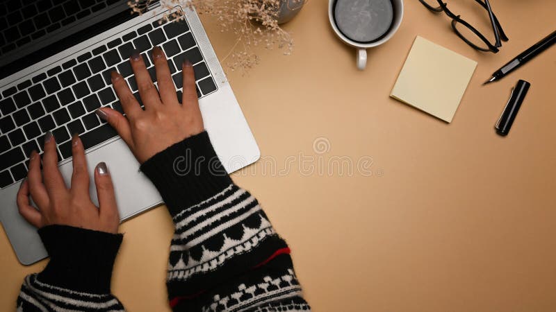 Female in Warm Sweater Typing on Keyboard of Laptop Computer. Stock ...