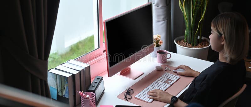 Female Working with Computer in Modern Creative Office. Stock Image ...
