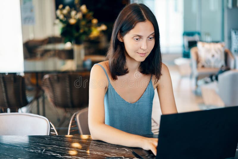 Young Female Working on Laptop at Home Stock Image - Image of female ...