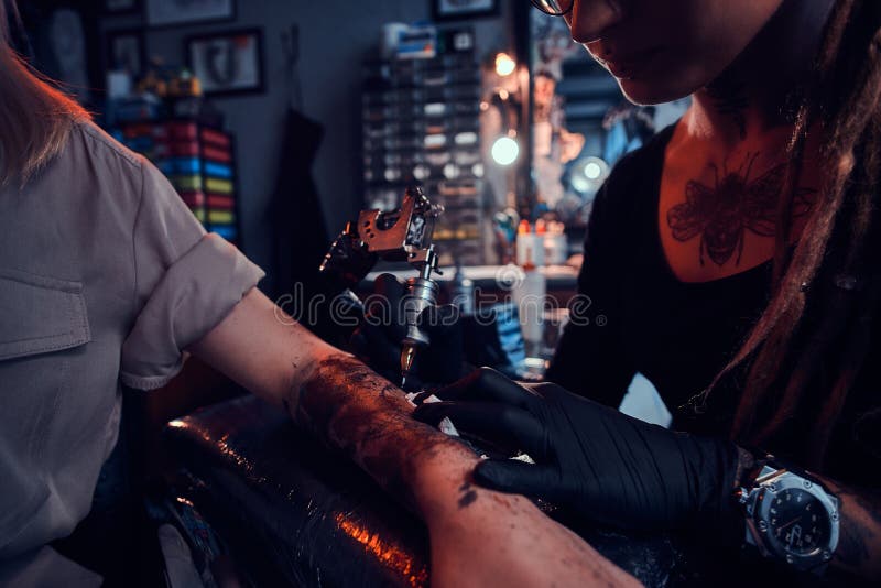 Process of Tattoo Makining at Dark Tattoo Studio. Stock Photo - Image ...
