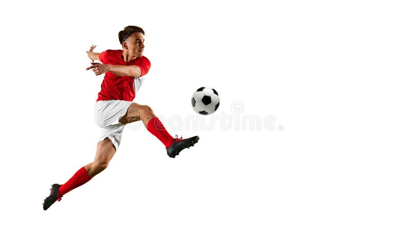 Banner. Yung Sporty Man in Athletic Gear Leaping in Motion To Kick Ball ...