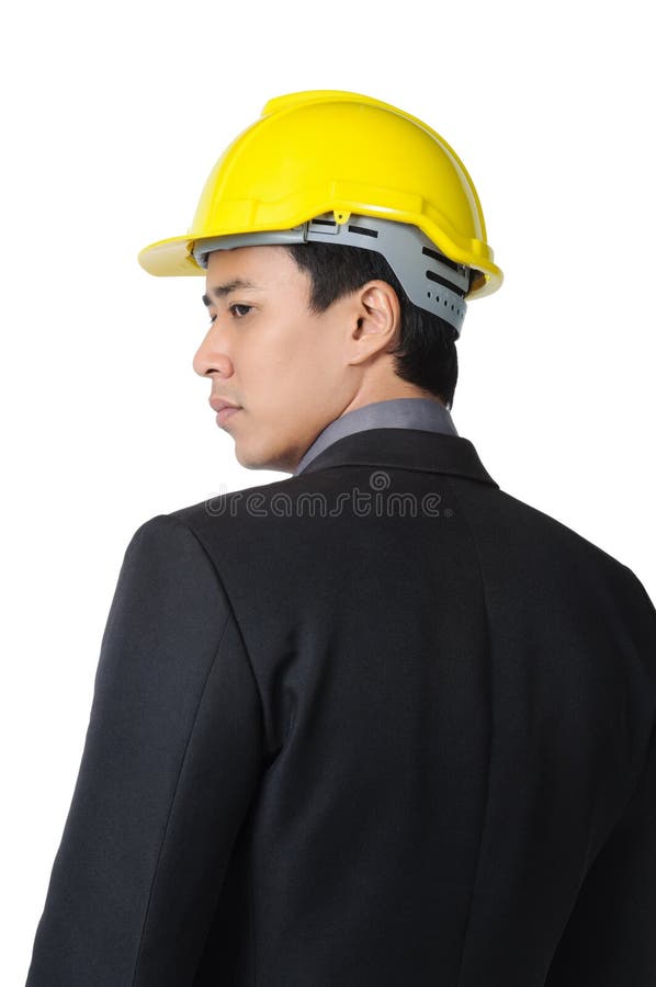 Young Foreman or Engineer with Yellow Hard Hat in Suit Isolated Stock ...