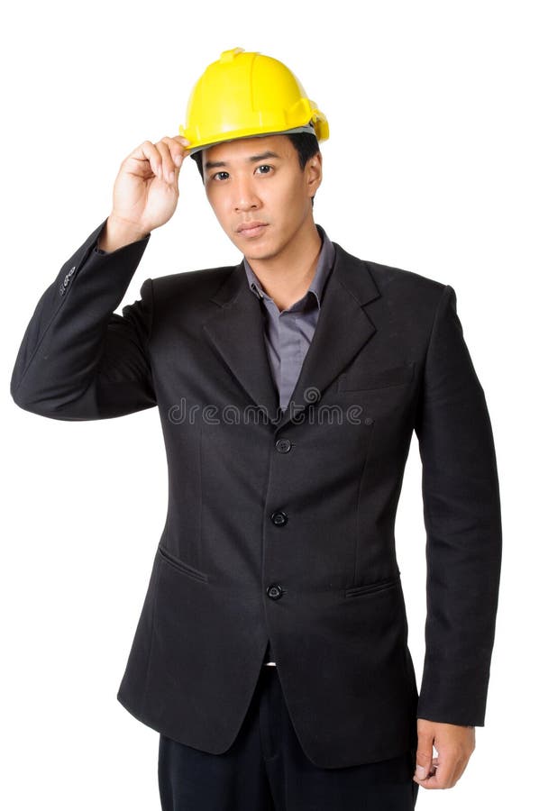 Young Foreman or Engineer with Yellow Hard Hat in Suit Isolated Stock ...