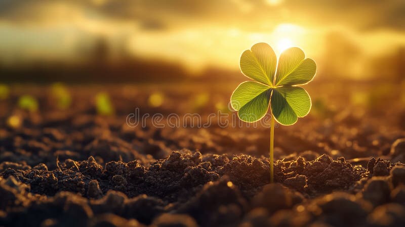A Young Four-leaf Clover Sprouting in the Soil Under a Warm Sunset Glow ...