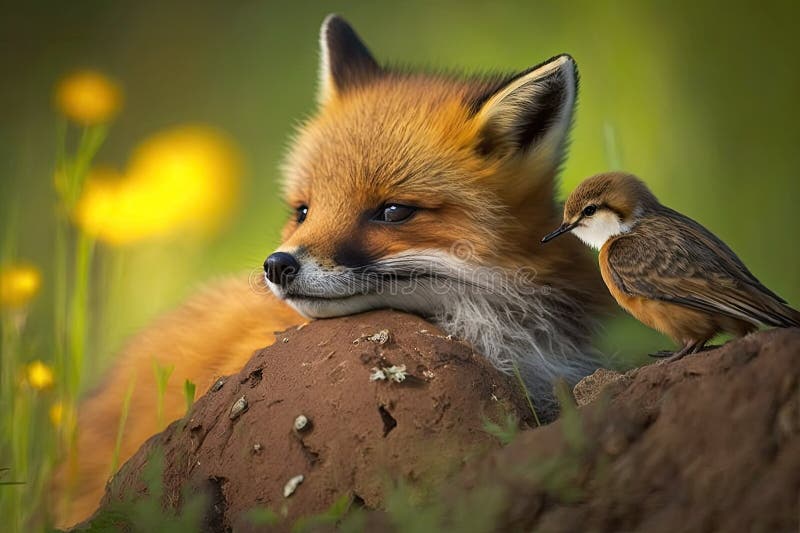 Young Fox Cub Cuddling with a Bird Stock Illustration - Illustration of ...