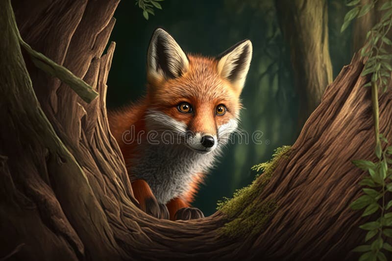 Young Fox Kit with a Perplexed Expression, Peering Out of a Hollow Tree ...