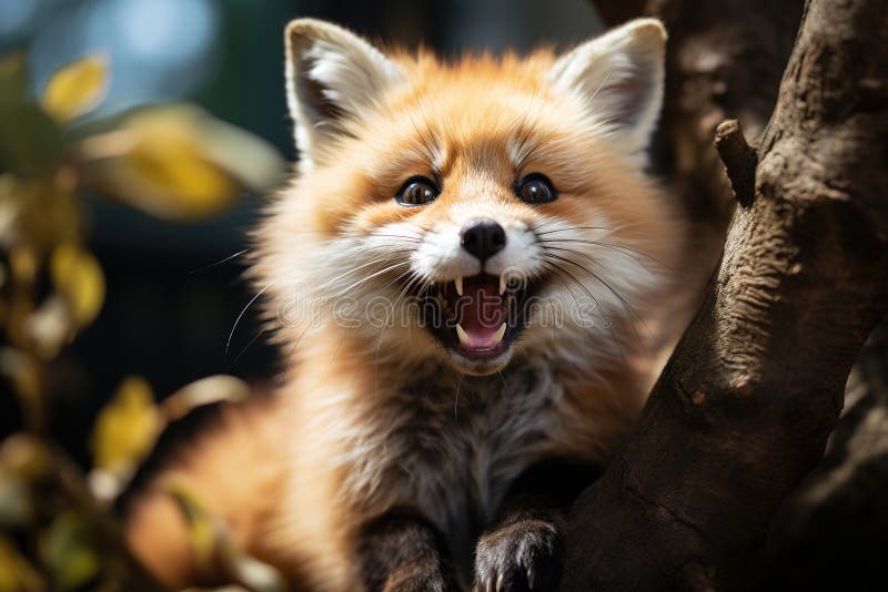 Young Fox with Open Mouth and Sharp Teeth in the Forest Stock ...