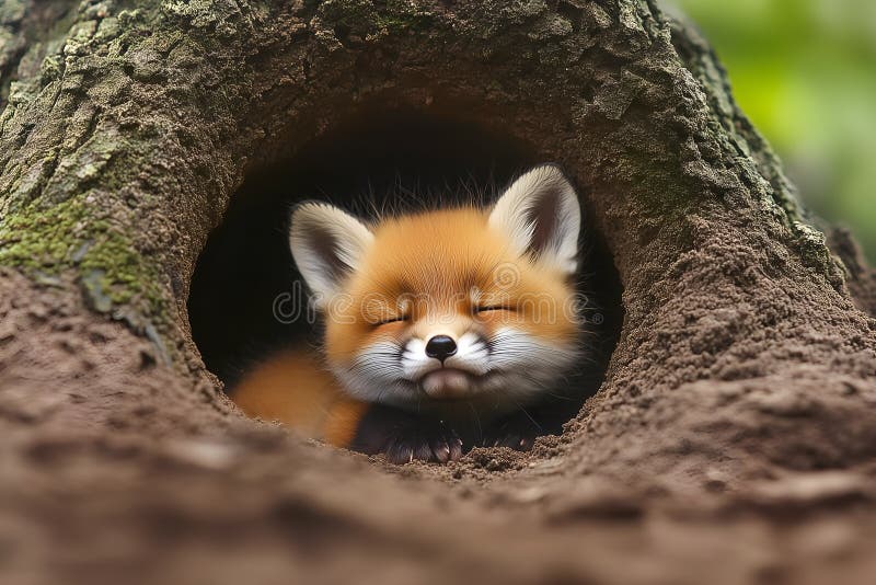 A Young Fox Peacefully Sleeps Inside a Tree Hollow Stock Image - Image ...