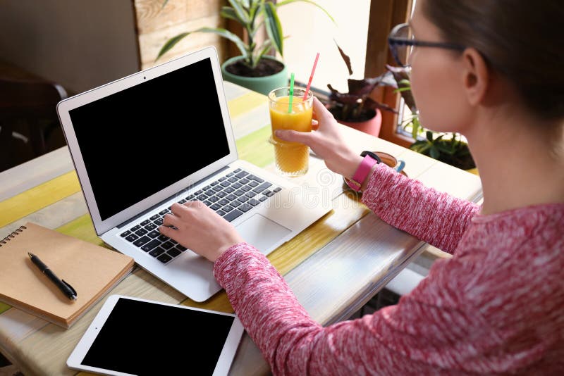 Young Freelancer with Laptop Working in Cafe Stock Image - Image of ...