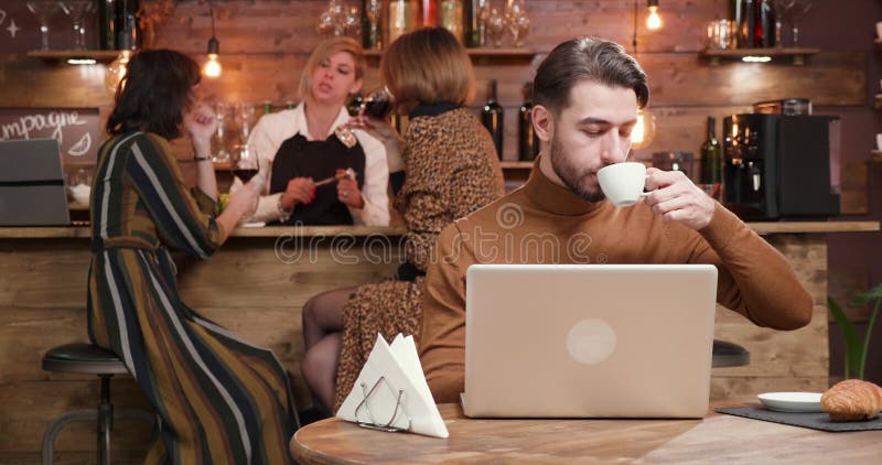 Young Freelancer Lured by a Cup of Coffee when Working Stock Footage ...