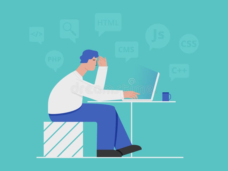 Young Freelancer Programmer Coding With Laptop Illustration Of Programmer Coding Freelancer