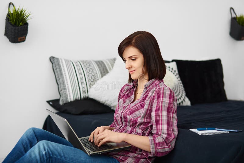Young Freelancer Woman Using Laptop.Happy Smiling Girl Working O Stock ...