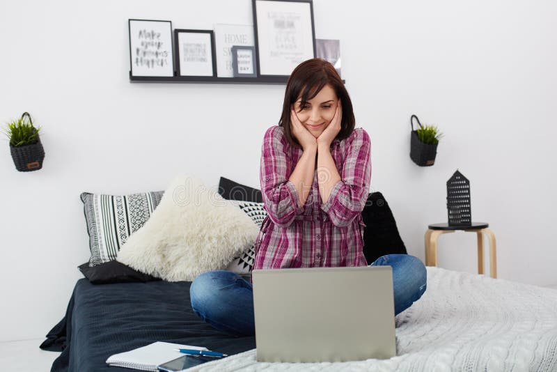 Young Freelancer Woman Using Laptop.Happy Smiling Girl Working O Stock ...