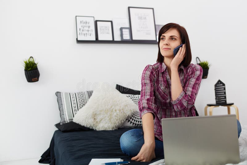 Young Freelancer Woman Using Laptop.Happy Smiling Girl Working O Stock ...
