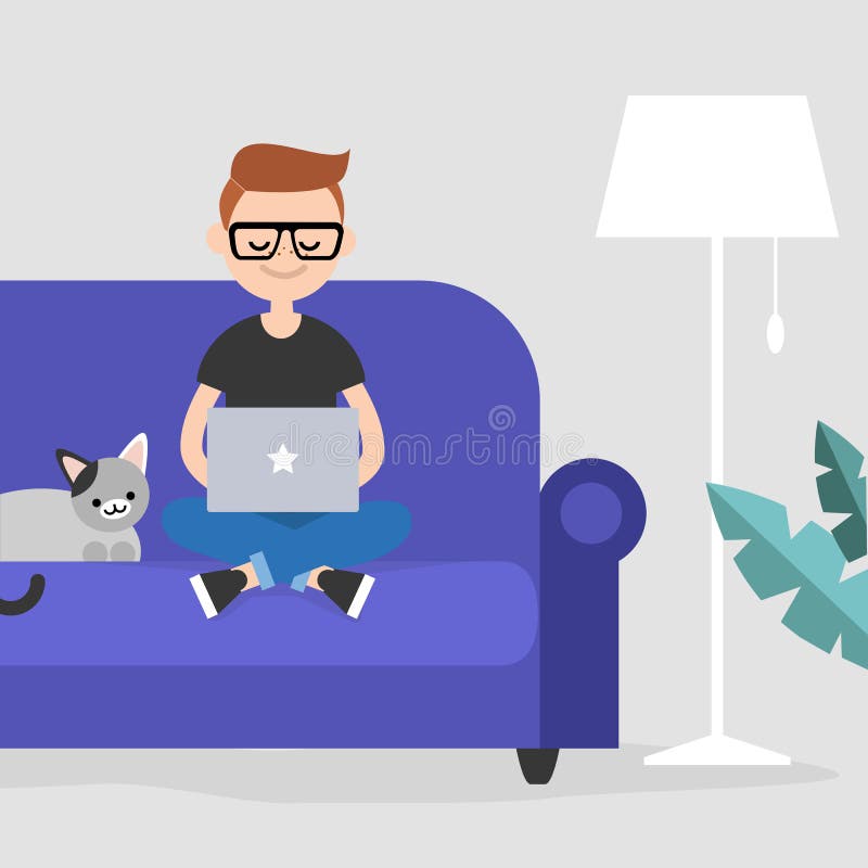 Young Freelancer Working at Home / Flat Illustra Stock Illustration ...