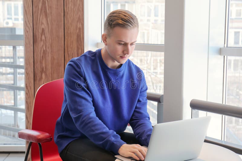 Young Freelancer Working with Laptop at Table in Cafe Stock Photo ...