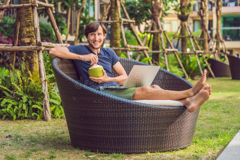 Young Freelancer Working on Vacation Next To the Swimming Pool Stock ...