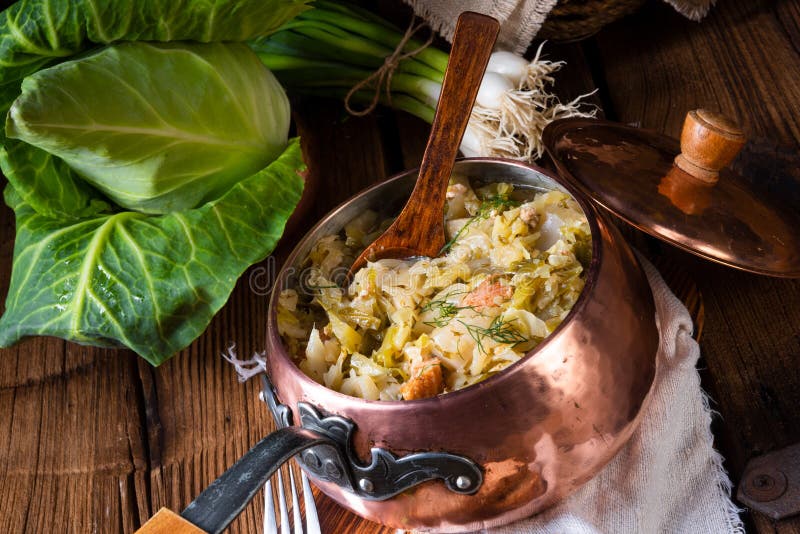 A Young and Fresh Cabbage Cooked with Bacon Cubes Stock Image - Image ...