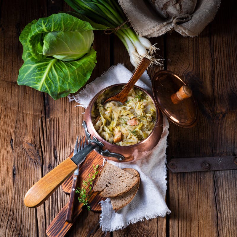 A Young and Fresh Cabbage Cooked with Bacon Cubes Stock Image - Image ...
