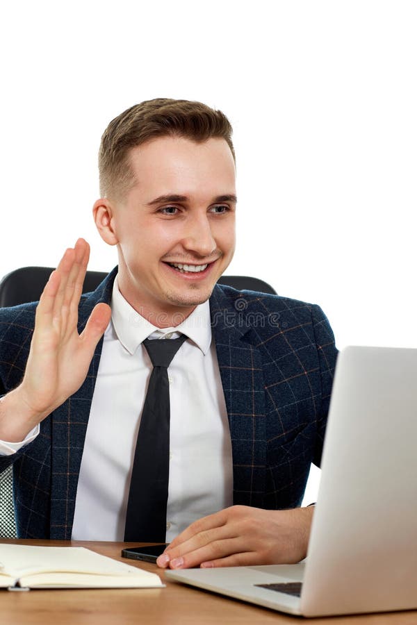 Young Friendly Businessman Talking at Laptop Webcam, Stock Photo ...