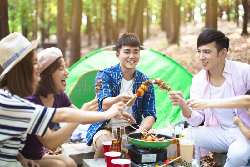 Friends Eating Barbecue and Having Fun Cheering Stock Image - Image of ...