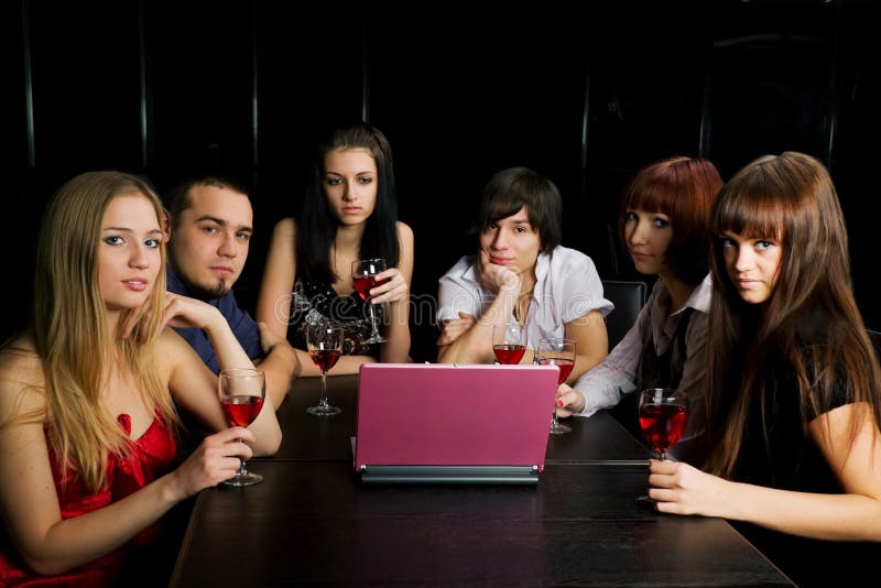 Young Friends with Laptop in a Bar. Stock Image - Image of adult ...
