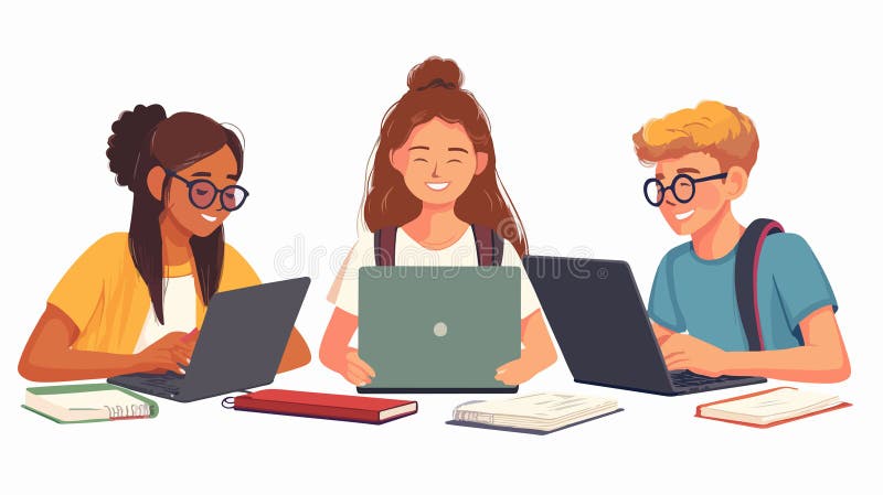 Young Friends Using Laptop while Doing School Assignment. Stock Vector ...