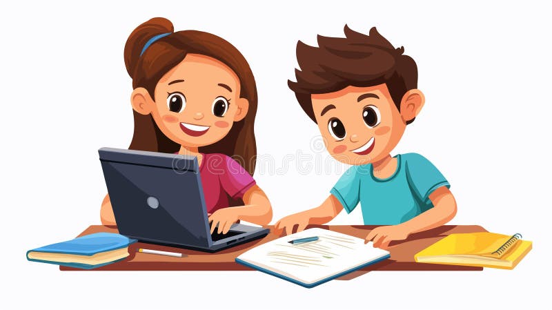 Young Friends Using Laptop while Doing School Assignment. Stock Vector ...