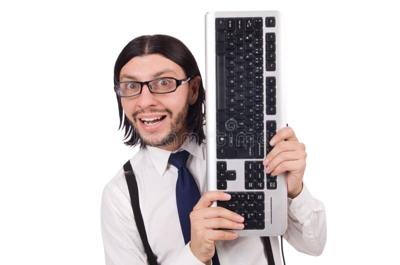 Young Funny Businessman with Keyboard Isolated Stock Image - Image of ...