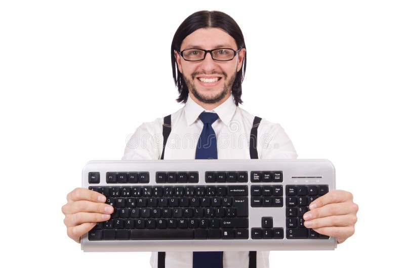 Young Funny Businessman with Keyboard Isolated Stock Photo - Image of ...