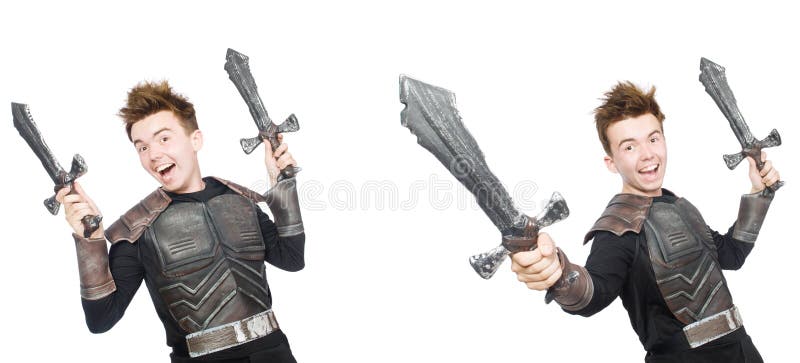 The Young Funny Man in Armour Suit Stock Image - Image of guard, combat ...