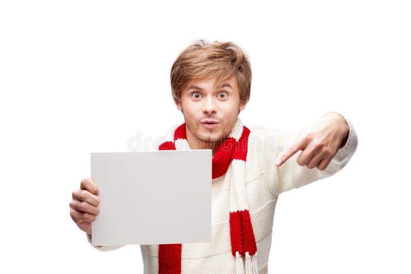 Young Funny Man Pointing at Sign Stock Photo - Image of brunette ...