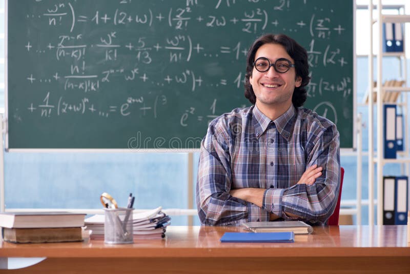 The Young Funny Math Teacher in Front of Chalkboard Stock Image - Image ...