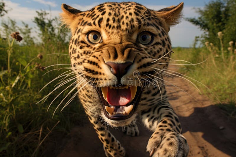Young Funny Running Leopard, Predator on the Hunt Stock Photo - Image ...