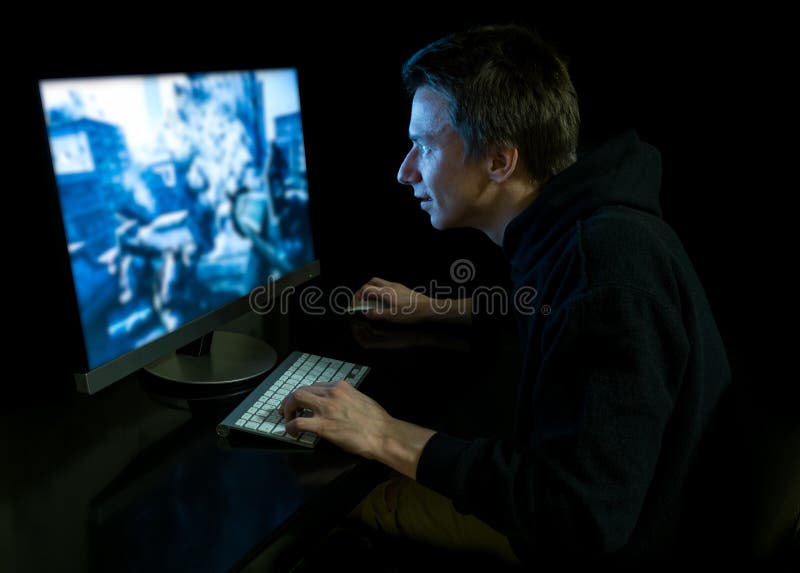 Young gamer in the dark stock image. Image of back, geek - 87938421