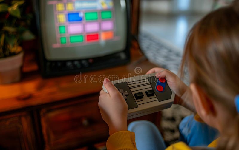 A Young Gamer is Engrossed in Playing a Retro Video Game on an Old ...