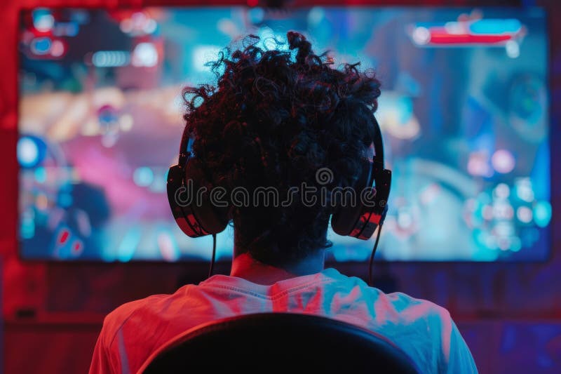 Young Gamer Immersed in Vibrant Gameplay on Large Screen. the Back View ...