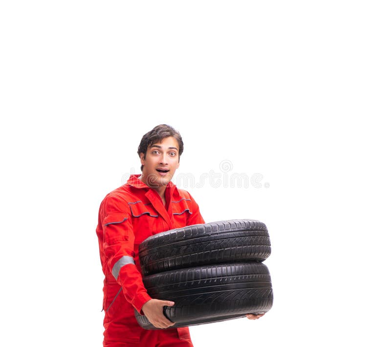 Young Garage Worker with Tyre Isolated on White Stock Image - Image of ...