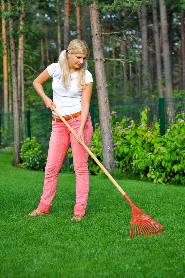 Young Gardening Woman with Rakes Stock Photo - Image of gardener ...