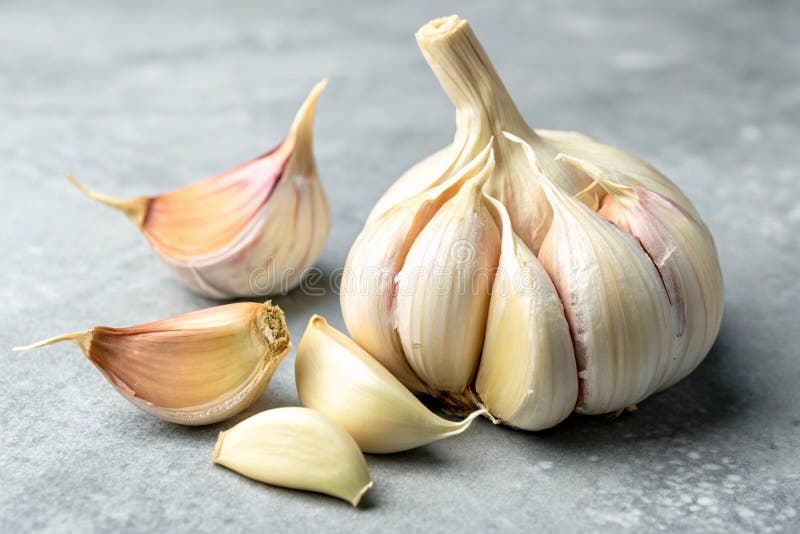 Young Garlic Bulb and Cloves on Gray Background â€ Fresh Garlic Close ...
