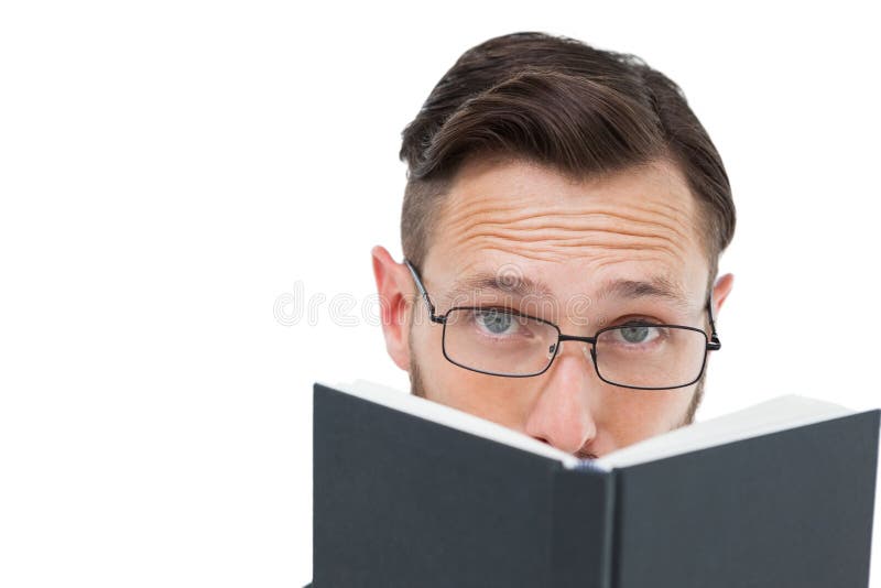 Sad Geek Guy With Book Looking At Camera Stock Photo - Image of class ...