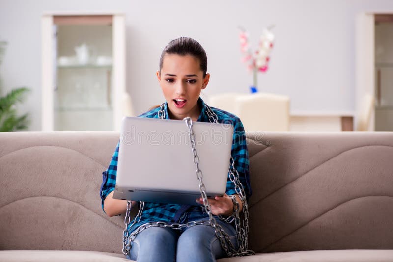 The Young Girl Addicted To Laptop Computer and Internet Stock Image ...