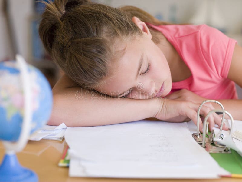 Young Girl Asleep on Her Homework Stock Image - Image of home ...